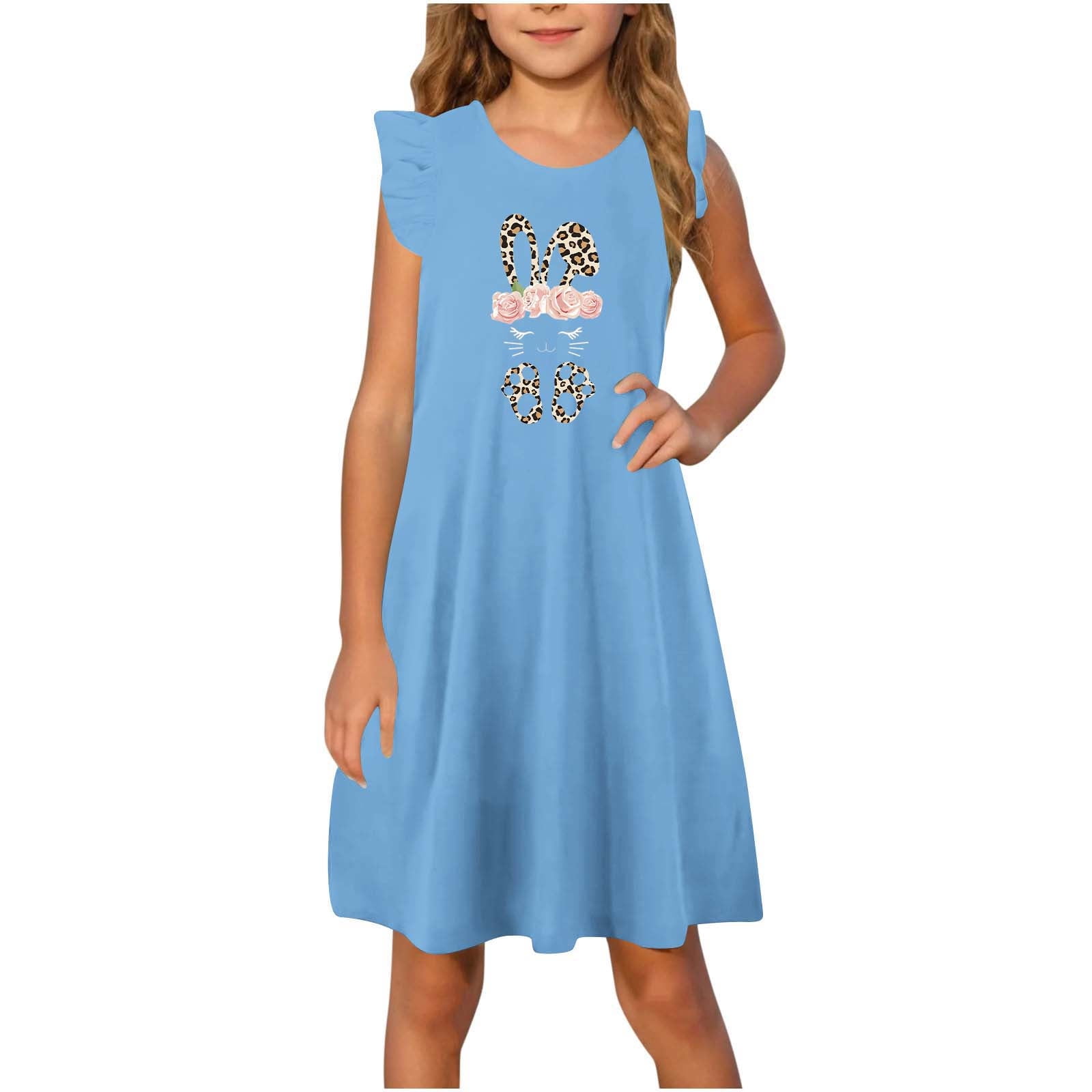 DxhmoneyHX Girls Casual Beach Dress Crew Neck Easter Print Ruffled ...