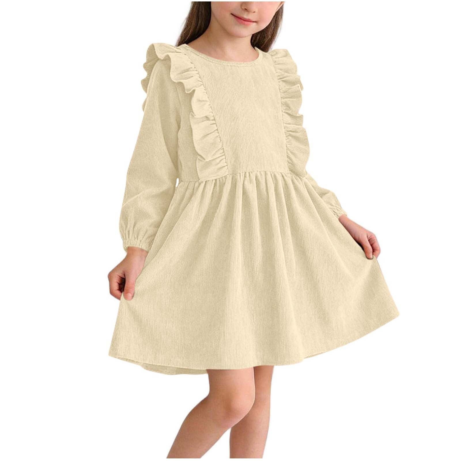 DxhmoneyHX Girls Corduroy Dress Crew Neck Ruffle Trim Long Sleeve ...