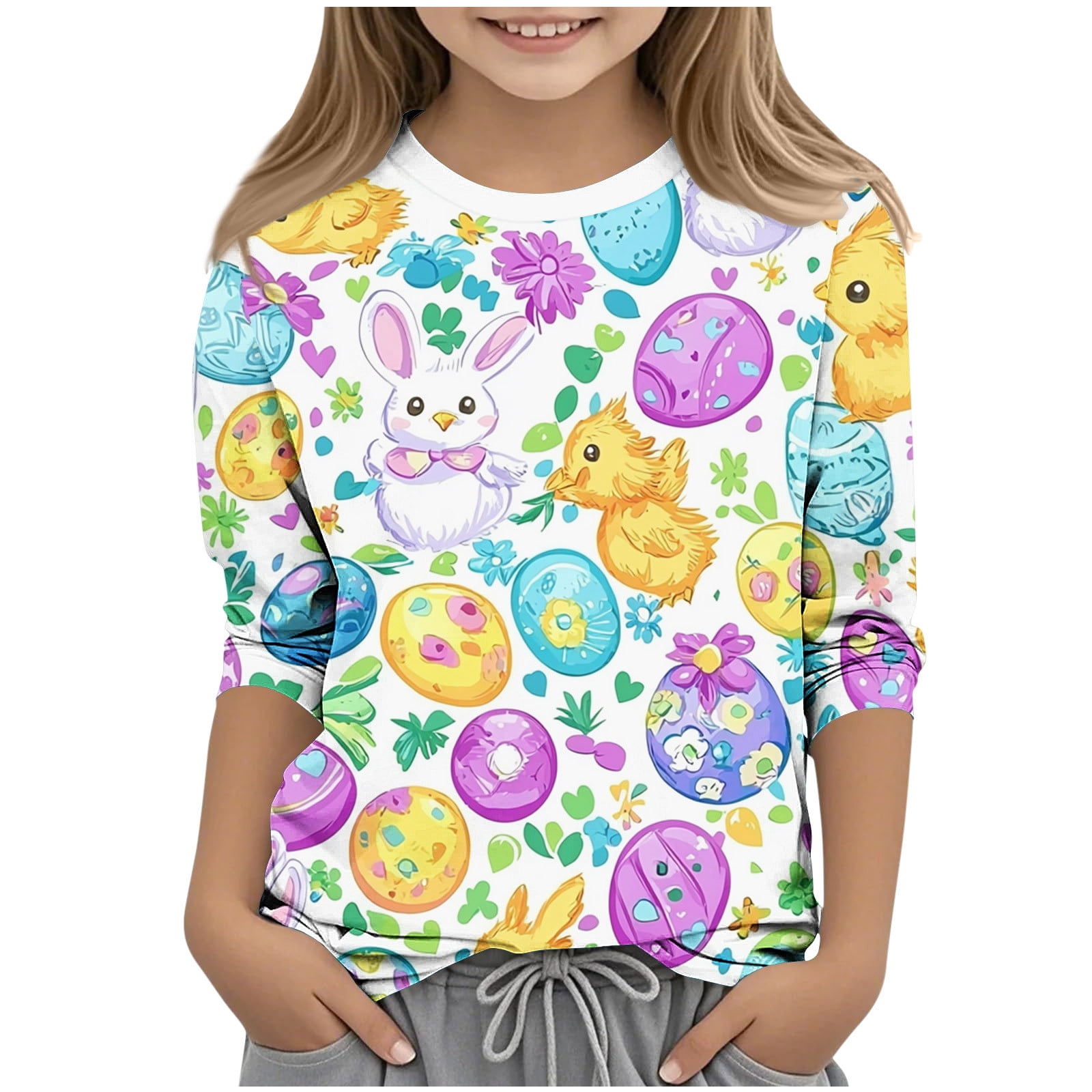 DxhmoneyHX Girls Easter Shirts Crew Neck Summer 3/4 Sleeve Tween Shirts ...