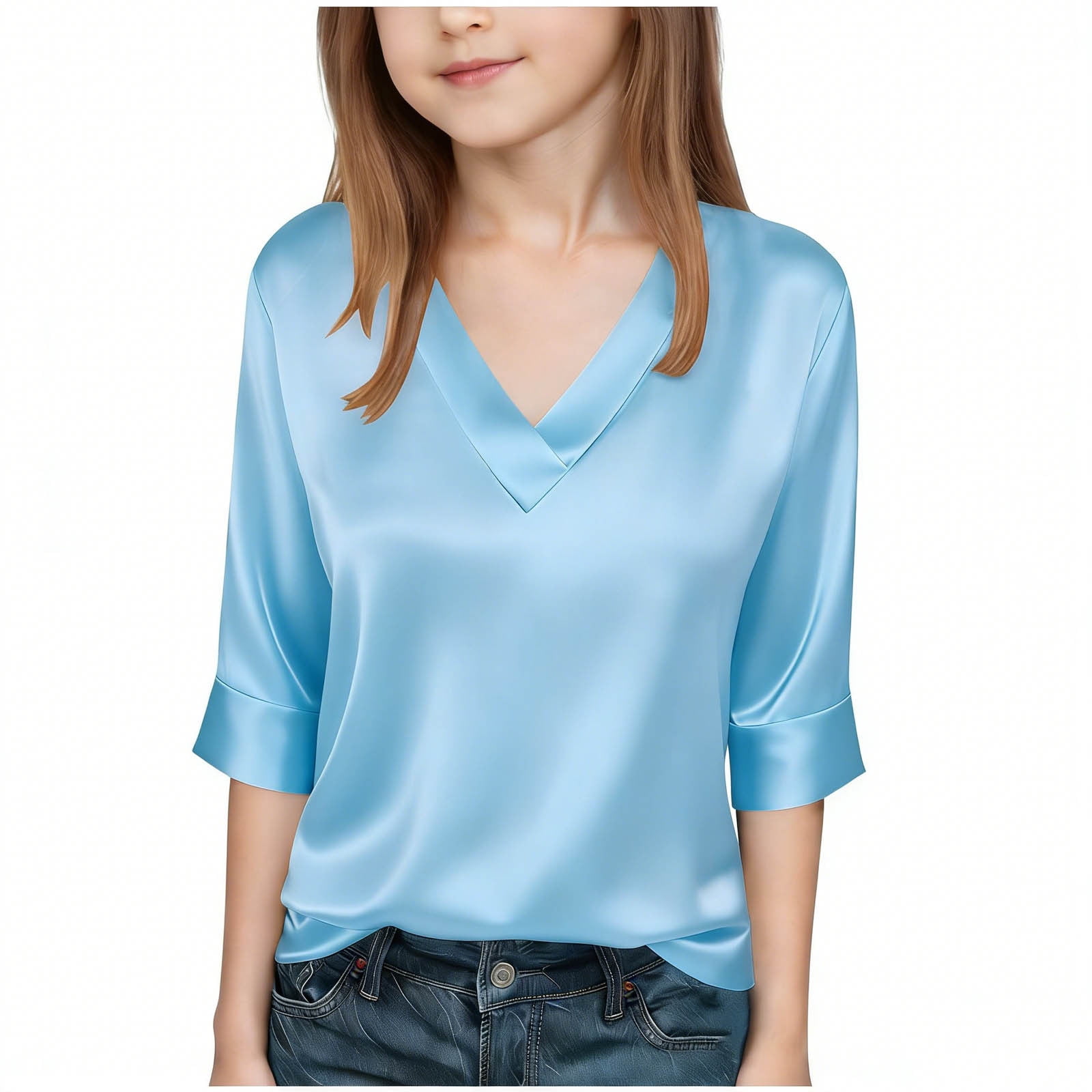 DxhmoneyHX Girls Satin 3/4 Sleeve Blouses Kids Elegent V Neck Tops ...
