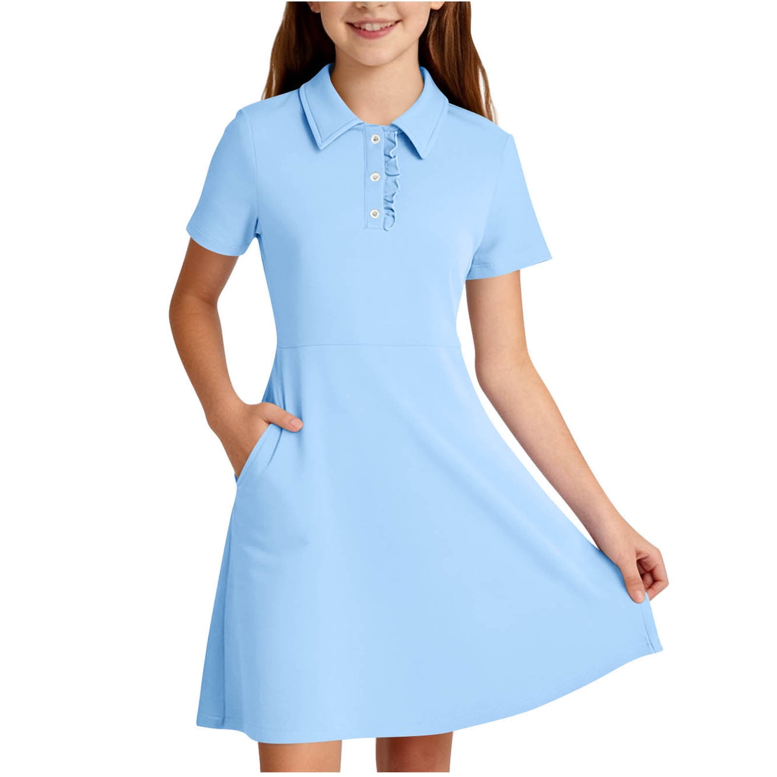 DxhmoneyHX Girls Sporty Dress Half Button Lapel Short Sleeve Dresses ...