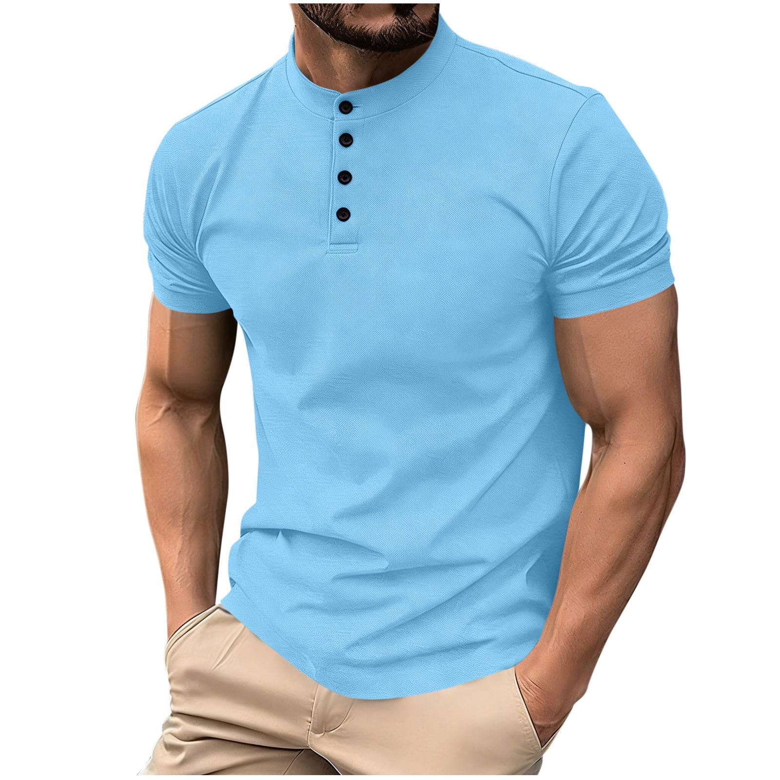 DxhmoneyHX Mens Henley Shirt Half Button Short Sleeve Stand Collar Tops ...