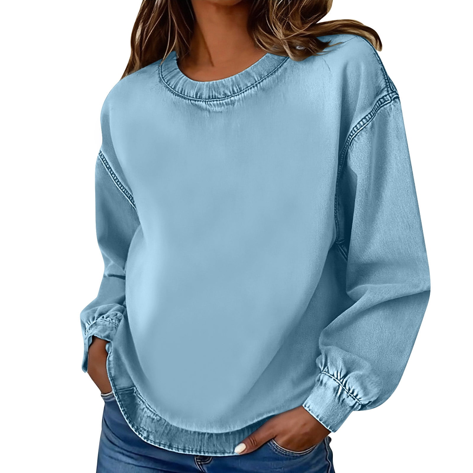 DxhmoneyHX Tops for Women Dressy Denim Long Sleeve Shirts Crew Neck ...