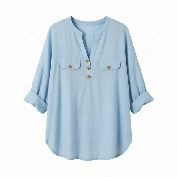 DxhmoneyHX Tops for Women Half Button Long Sleeve Casual Shirts V Neck ...