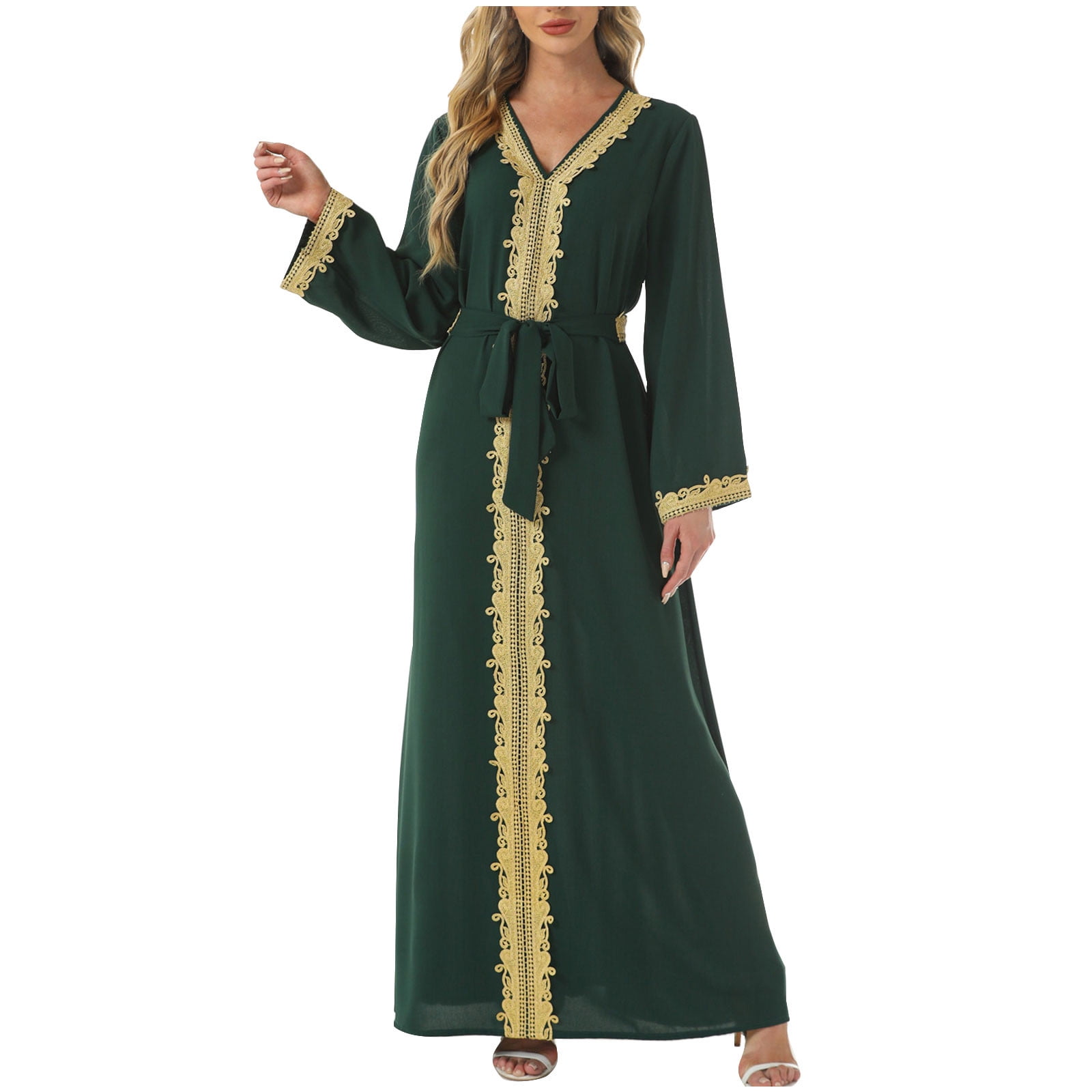 DxhmoneyHX Women Moroccan Kaftan Abaya Golden Embroidered Lace Dress ...