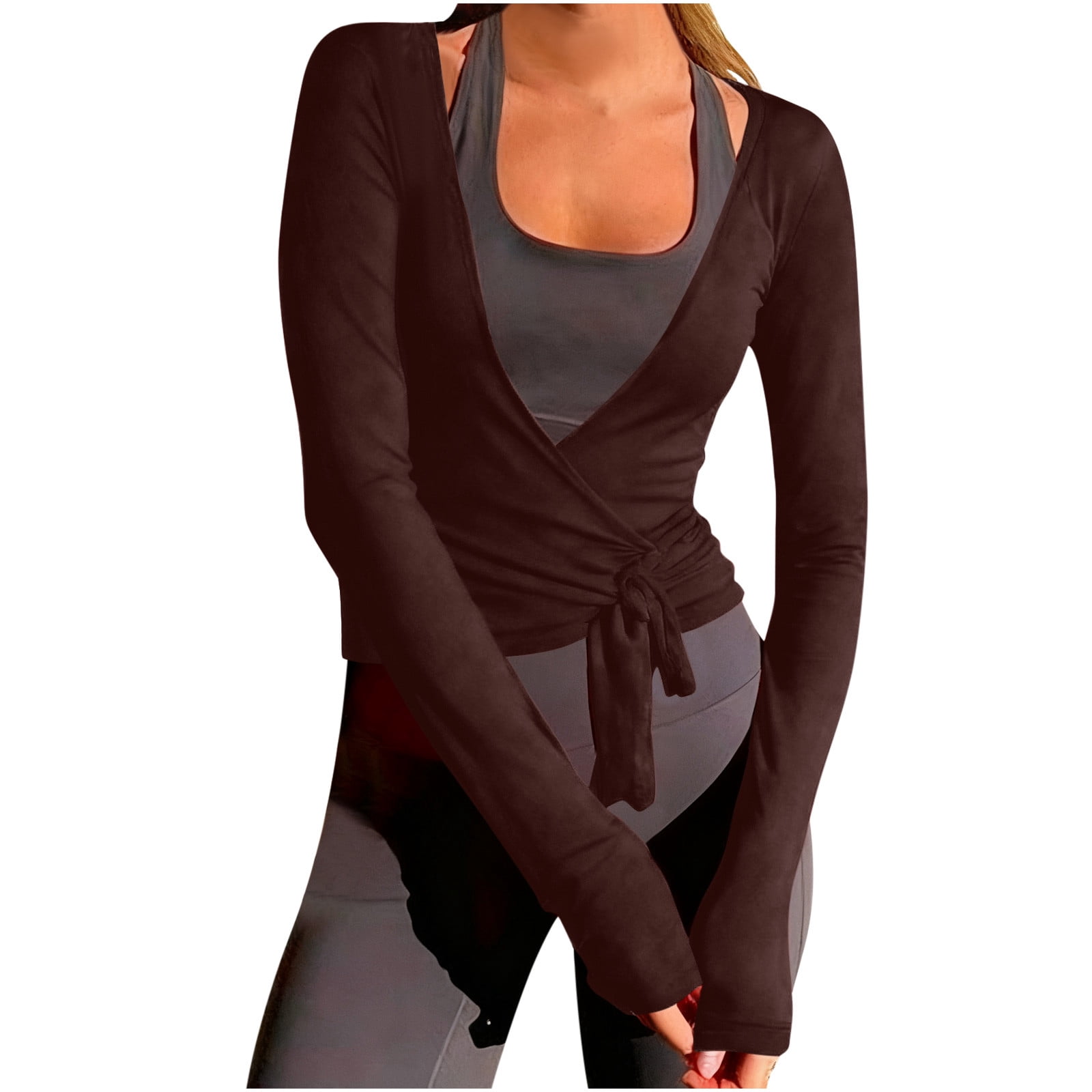 DxhmoneyHX Women Workout Tops Long Sleeve Self Tie Dance Shirt Yoga ...