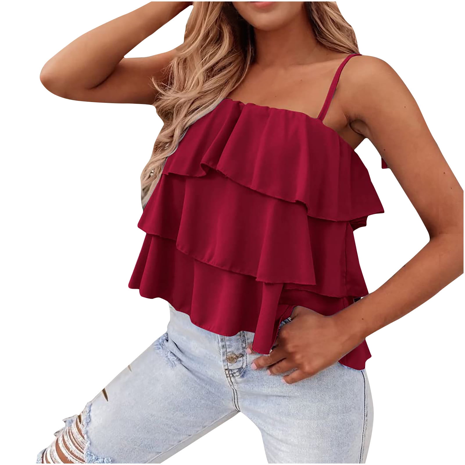 Dxhmoneyhx Womens 2024 Summer Spaghetti Strap Cami Tank Tops Tiered