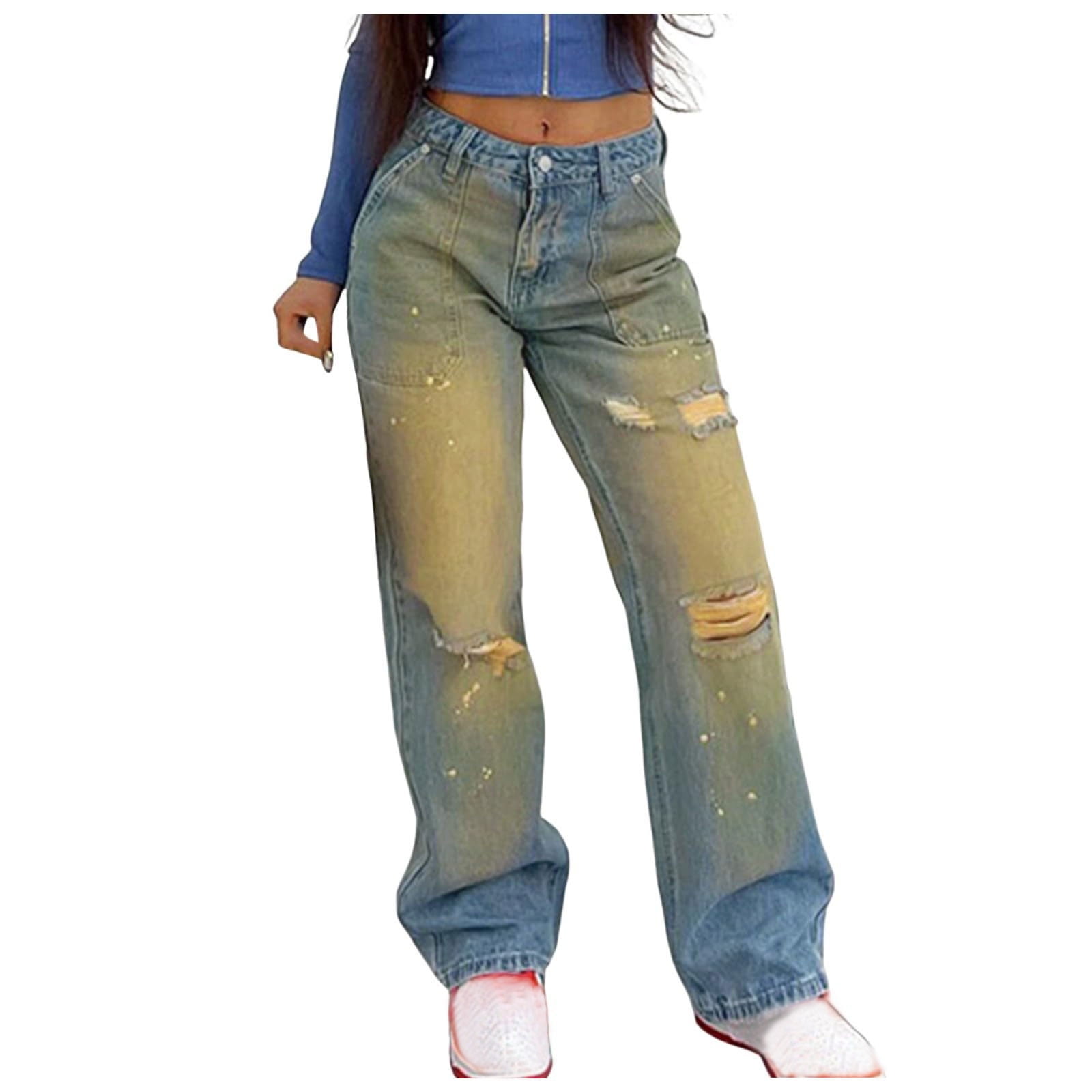 DxhmoneyHX Women's Casual Loose Ripped Denim Pants Distressed Wide Leg ...