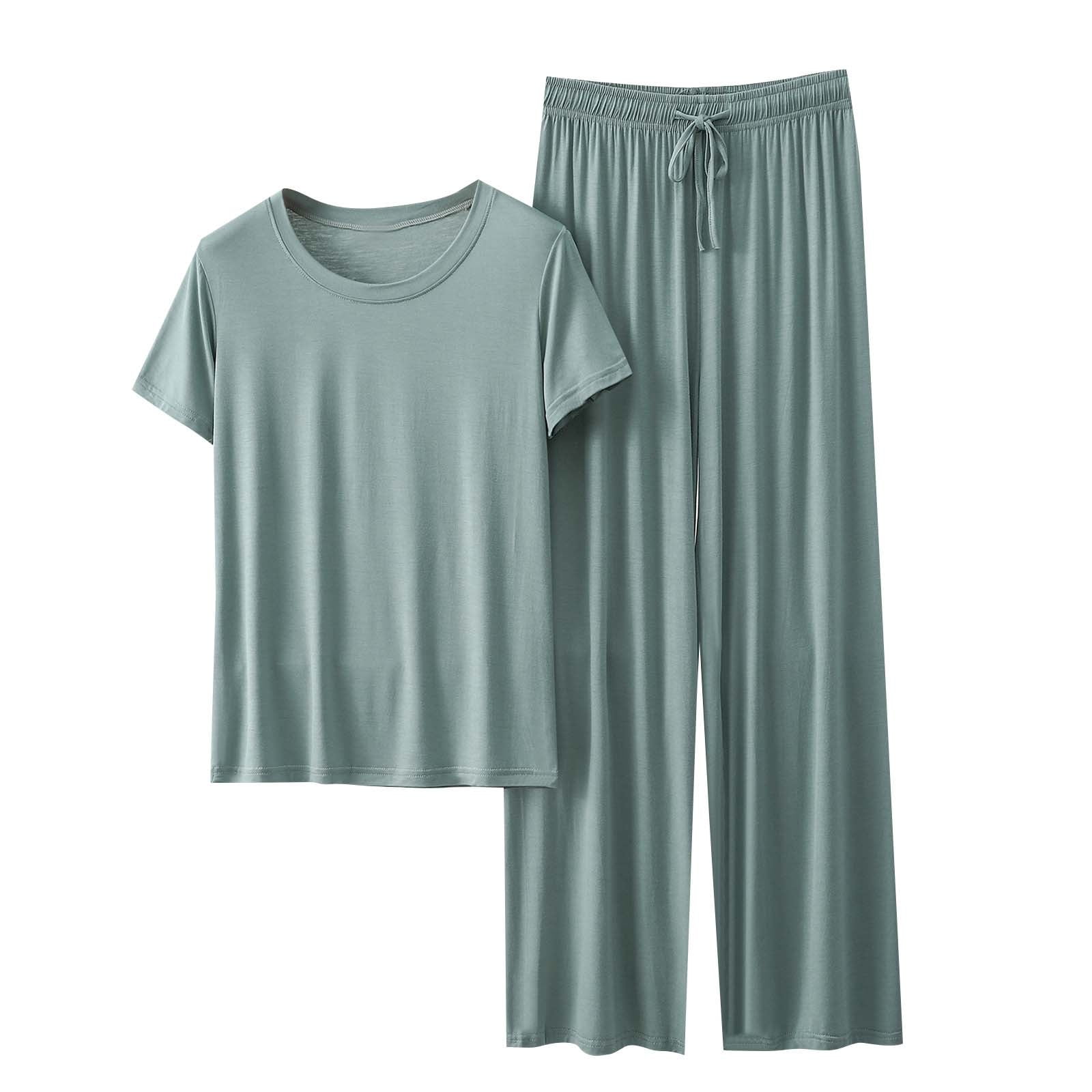 UQJfacai Womens 2 Piece Pjs Sets Short Sleeve Crew Neck Top with Wide ...