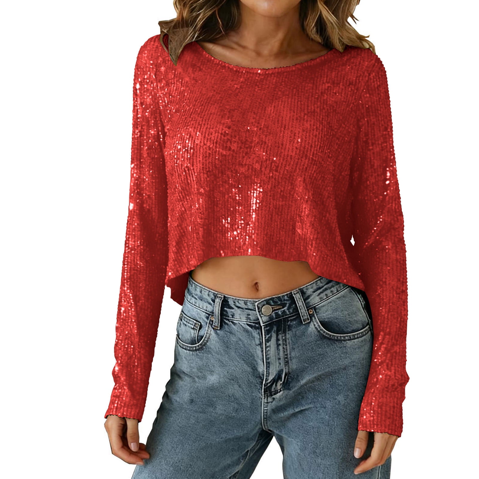 DxhmoneyHX Womens Crop Tops Long Sleeve Crew Neck Sequin Shirts Glitter ...