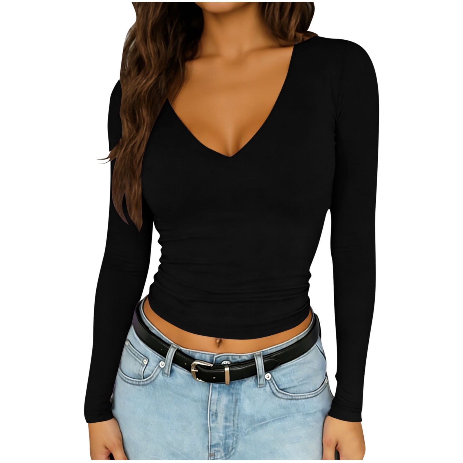 DxhmoneyHX Womens Long Sleeve Crop Tops Casual V Neck Going Out Low Cut ...