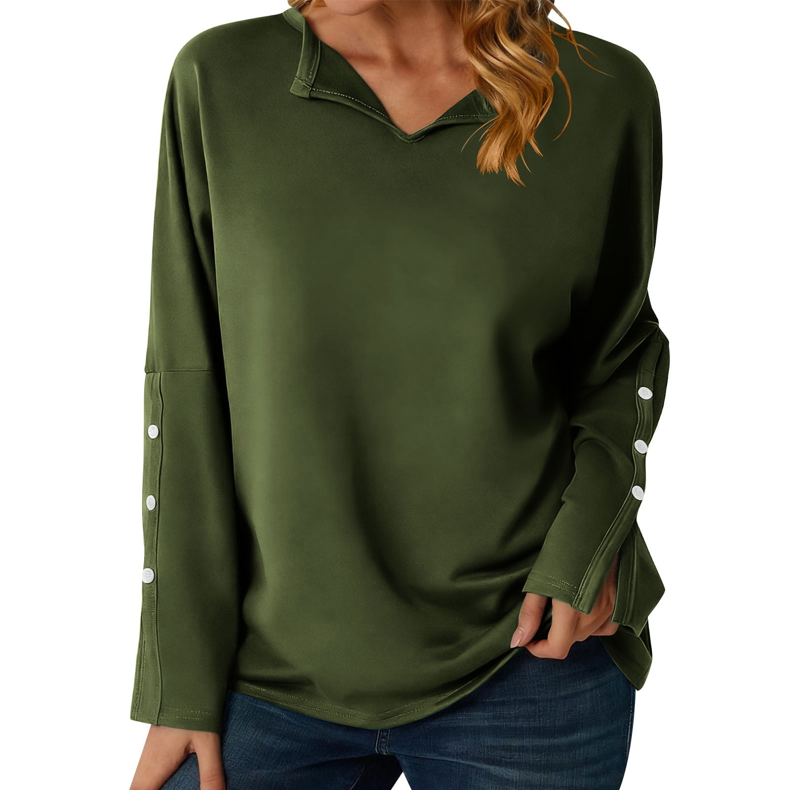DxhmoneyHX Womens Long Sleeve Tops Henley Neck Side Button Shirts Loose ...