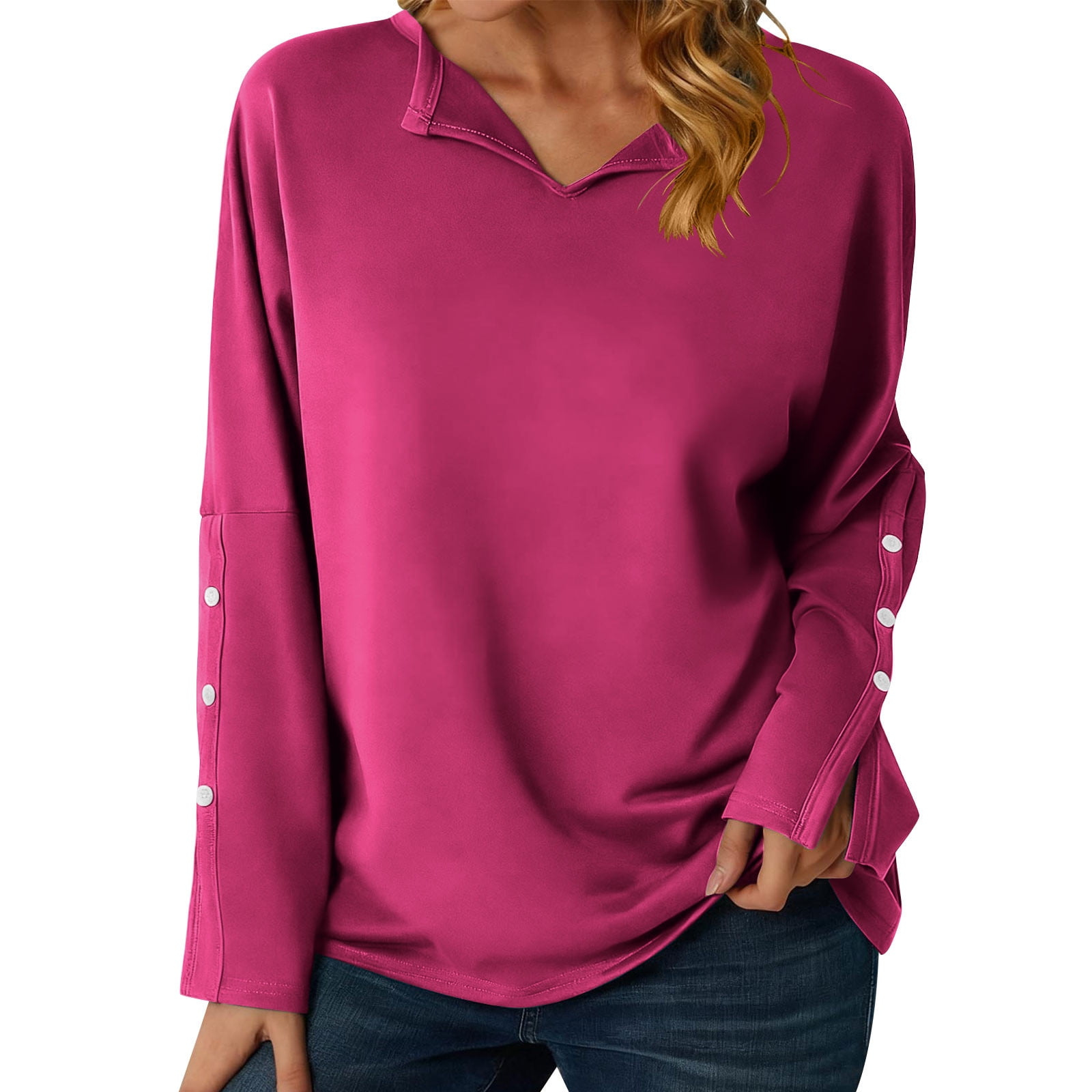 DxhmoneyHX Womens Long Sleeve Tops Henley Neck Side Button Shirts Loose ...