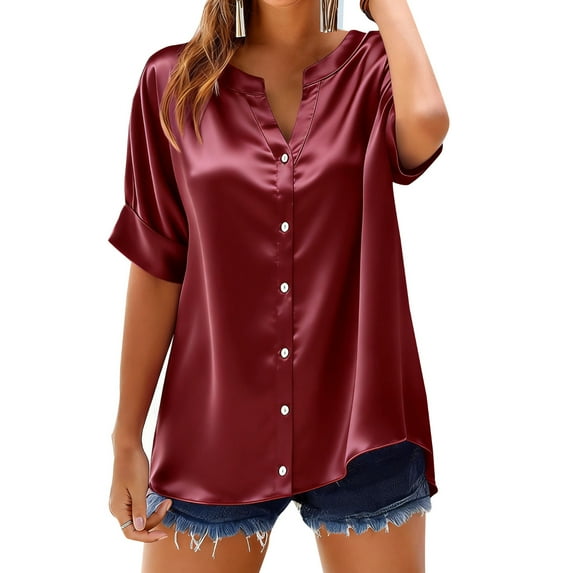 DxhmoneyHX Womens T-Shirts Short Sleeve Satin Shirts Dressy Casual ...