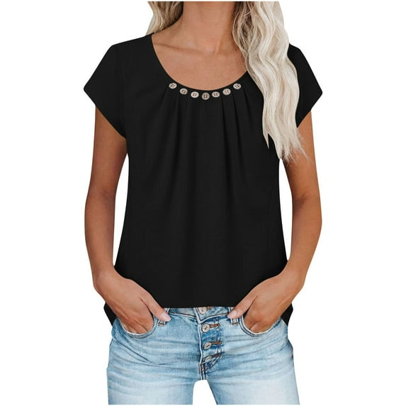 DxhmoneyHX Womens Tank Top Crew Neck Button Pleated Front Short Shirts ...