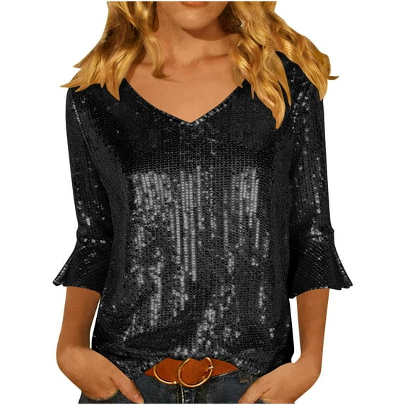 DxhmoneyHX Womens Tops Dressy Casual Sparkle Glitter Long Sleeve Blouse ...