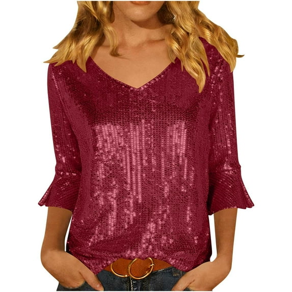 DxhmoneyHX Womens Tops Dressy Casual Sparkle Glitter Long Sleeve Blouse ...