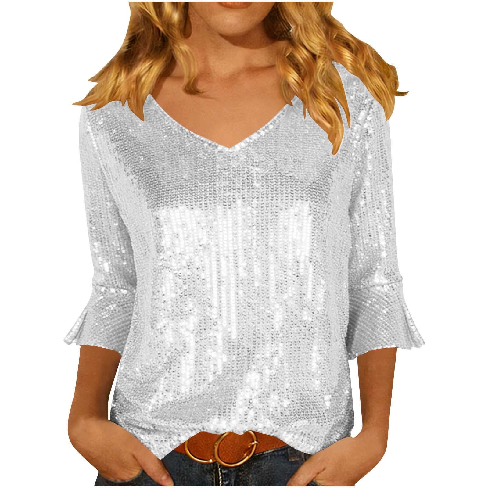 DxhmoneyHX Womens Tops Dressy Casual Sparkle Glitter Long Sleeve Blouse ...