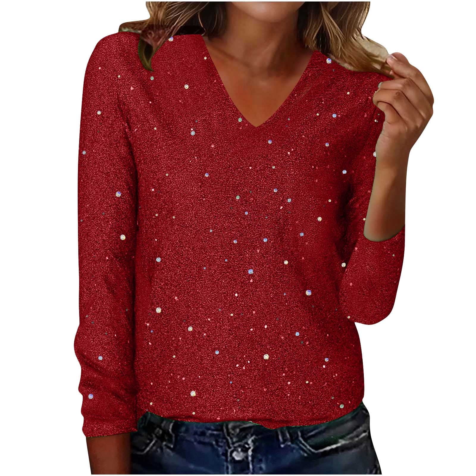 DxhmoneyHX Womens Tops Dressy Casual Sparkle Glitter Long Sleeve Blouse ...