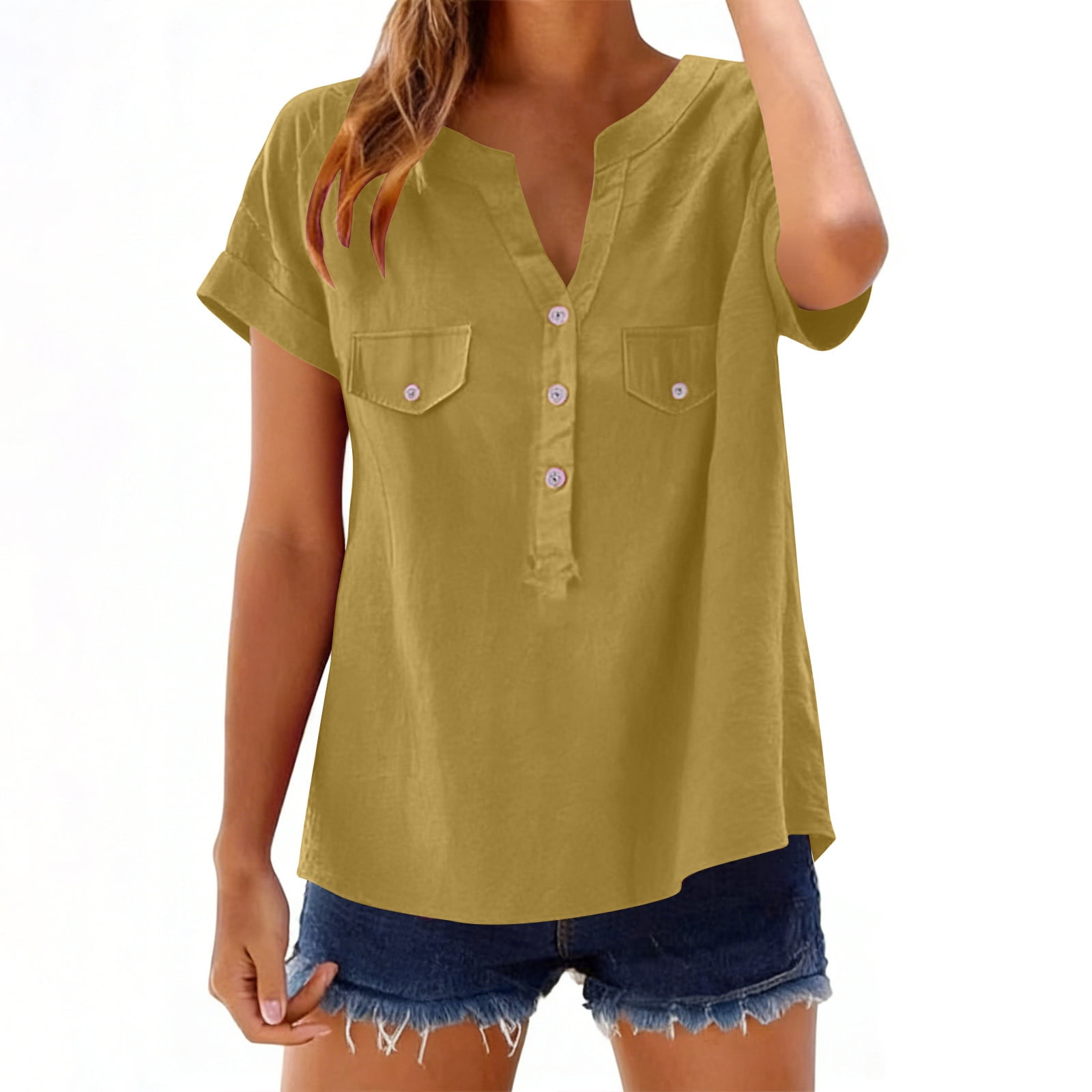 DxhmoneyHX Womens Tops Short Sleeve Half Button Shirts V Neck Blouse ...