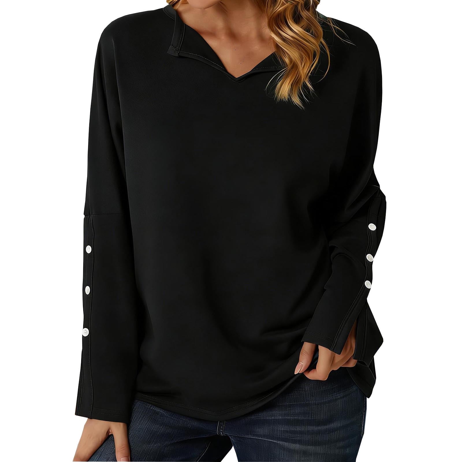DxhmoneyHX Womens Tops V Neck Lapel Button Side Long Sleeve Shirts ...