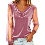 DxhmoneyHX Womens Velvet Tops Sheer Mesh Long Sleeve Shirts Cowl Neck ...