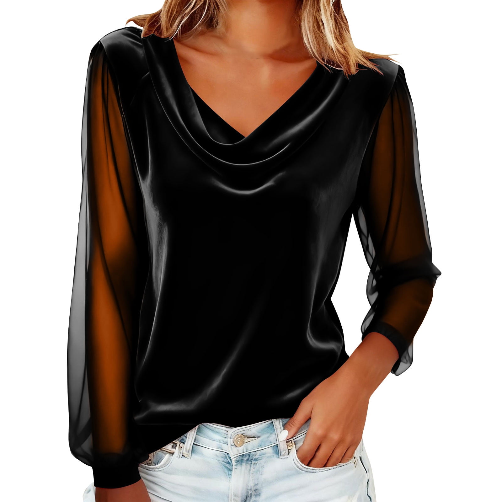 DxhmoneyHX Womens Velvet Tops Sheer Mesh Long Sleeve Shirts Cowl Neck ...