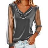 DxhmoneyHX Womens Velvet Tops Sheer Mesh Long Sleeve Shirts Cowl Neck ...