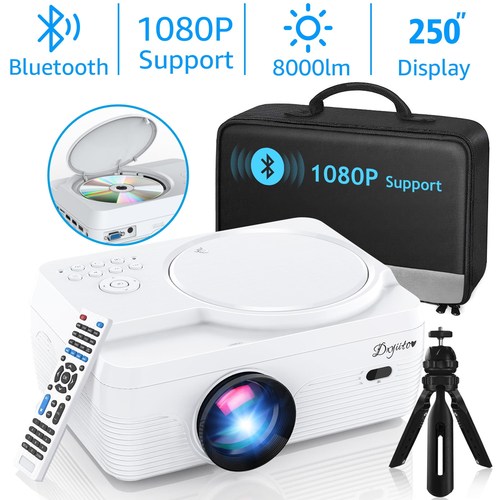 Dxyiitoo Mini Projector with Built-in DVD Player, 8000LM HD 1080P, HDMI ...