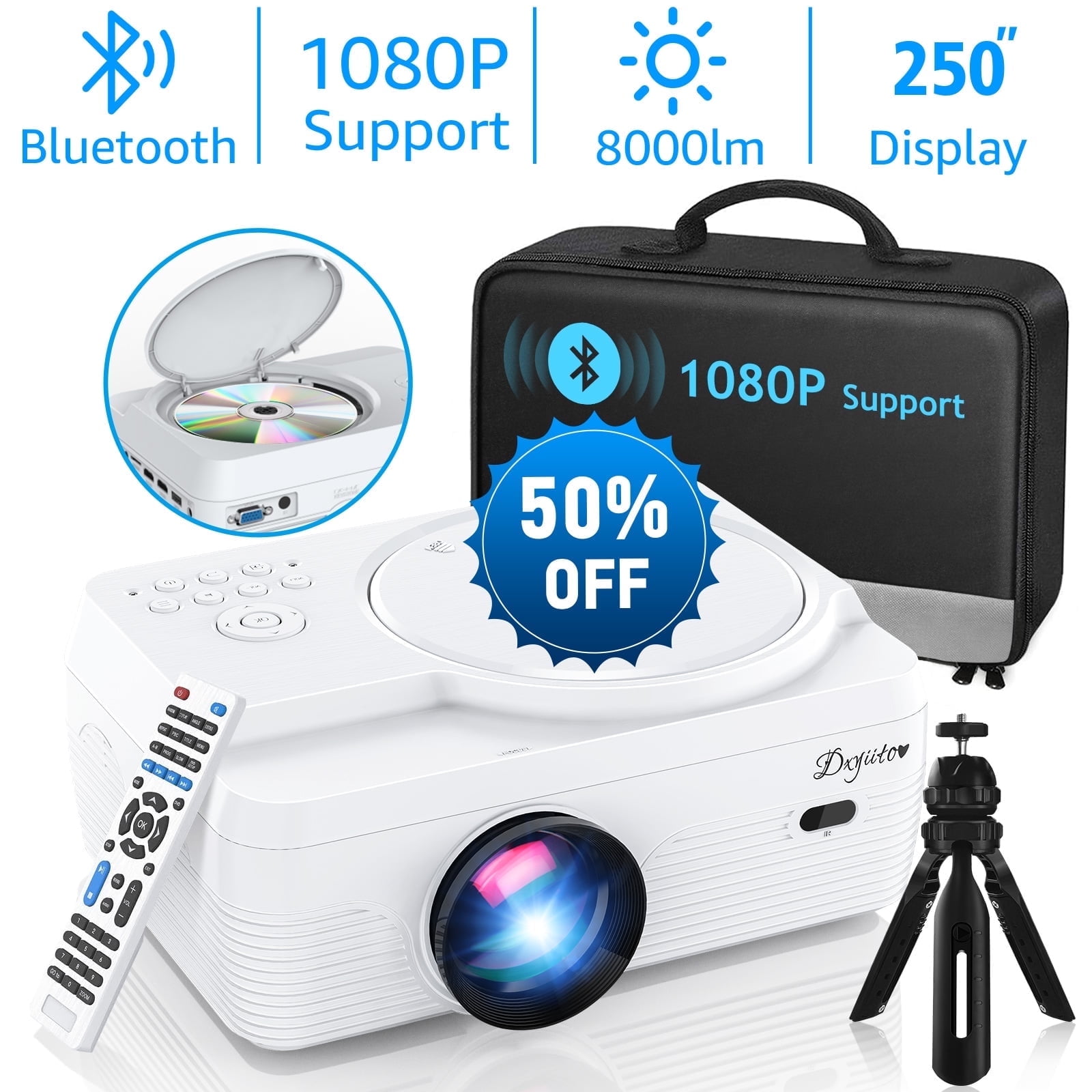 Dxyiitoo Mini Projector with Built-in DVD Player, 8000LM HD 1080P, HDMI ...