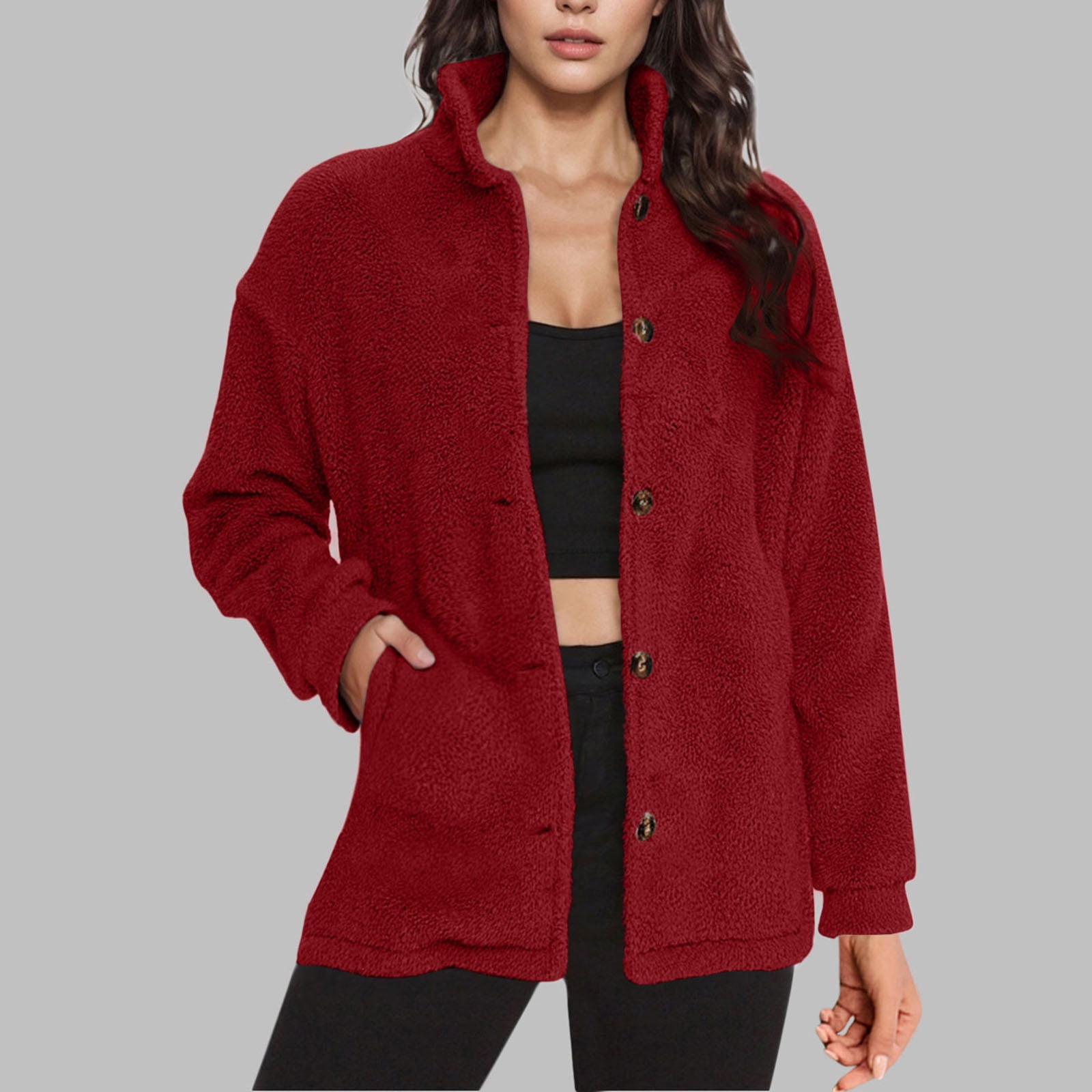Dxzfnsa Button Up Jackets for Women Women's Warm Fleece Solid Color ...