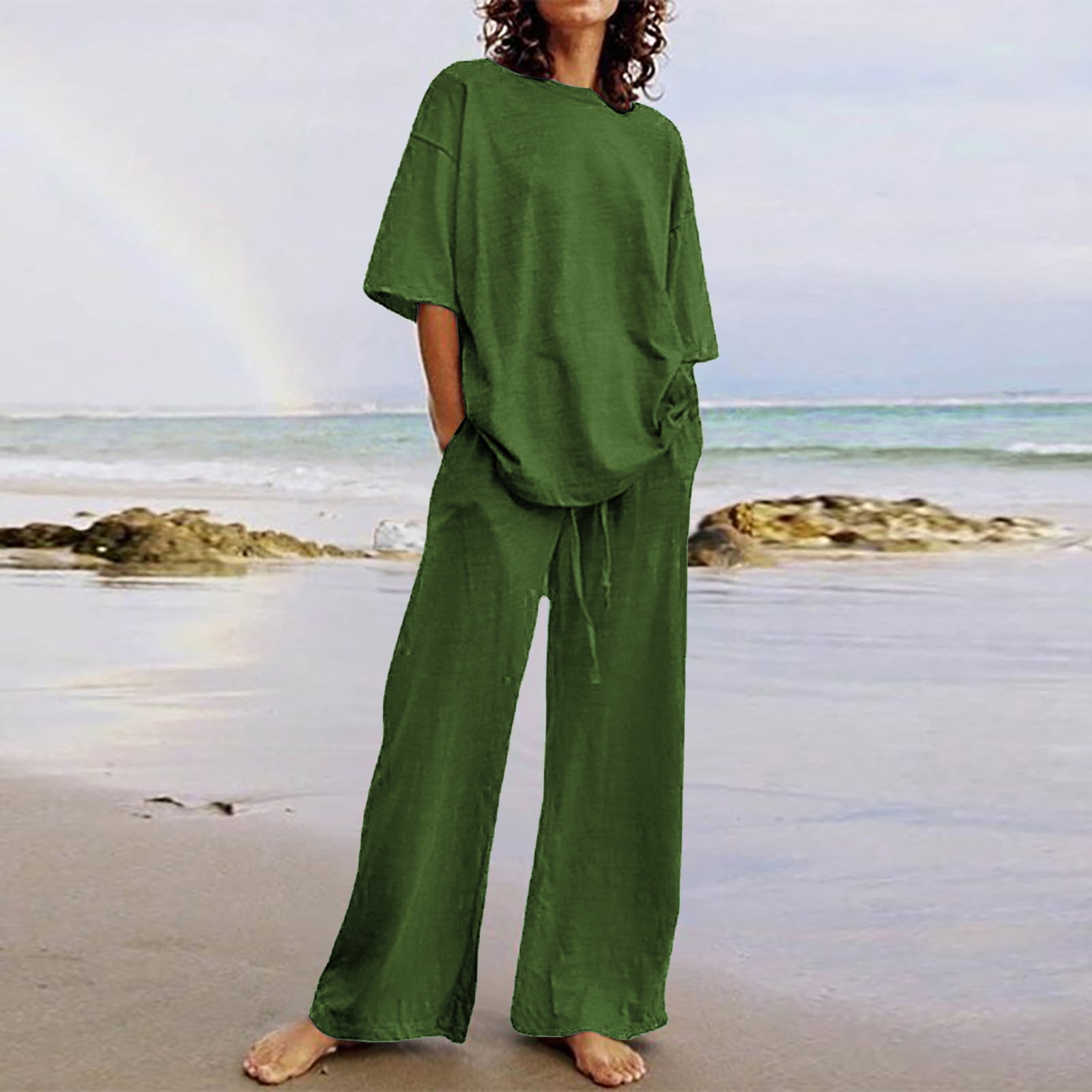 Dxzfnsa Cotton Linen 2 Piece Sets for Women Summer Comfortable Solid ...