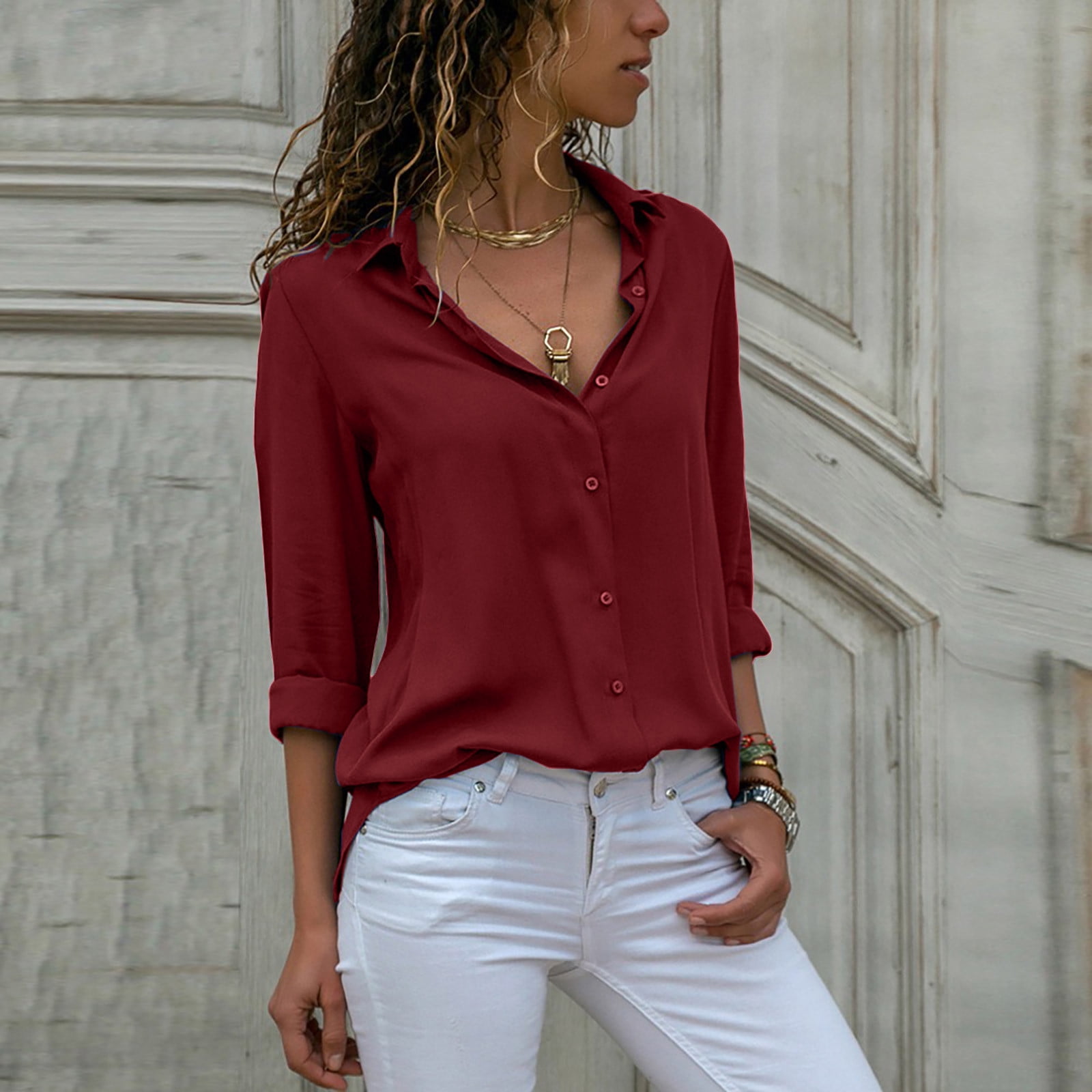 Dxzfnsa Fall Blouses for Women Womens Ladies Chiffon Solid Color Shirts ...
