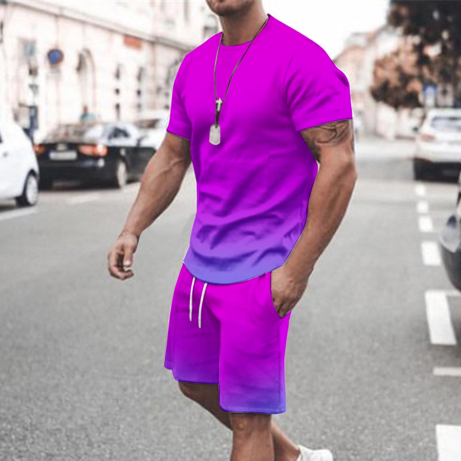 Dxzfnsa Men's Summer 2 Piece Outfits Mens Casual Ombre Running Sets ...