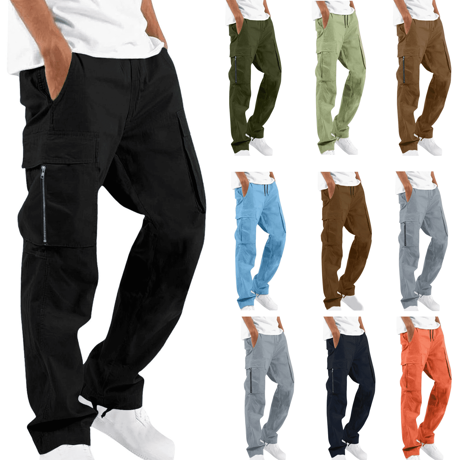 Dxzfnsa Mens Baggy Cargo Pants Men Casual Solid Color Sweatpants Drawstring Waist Multiple ...