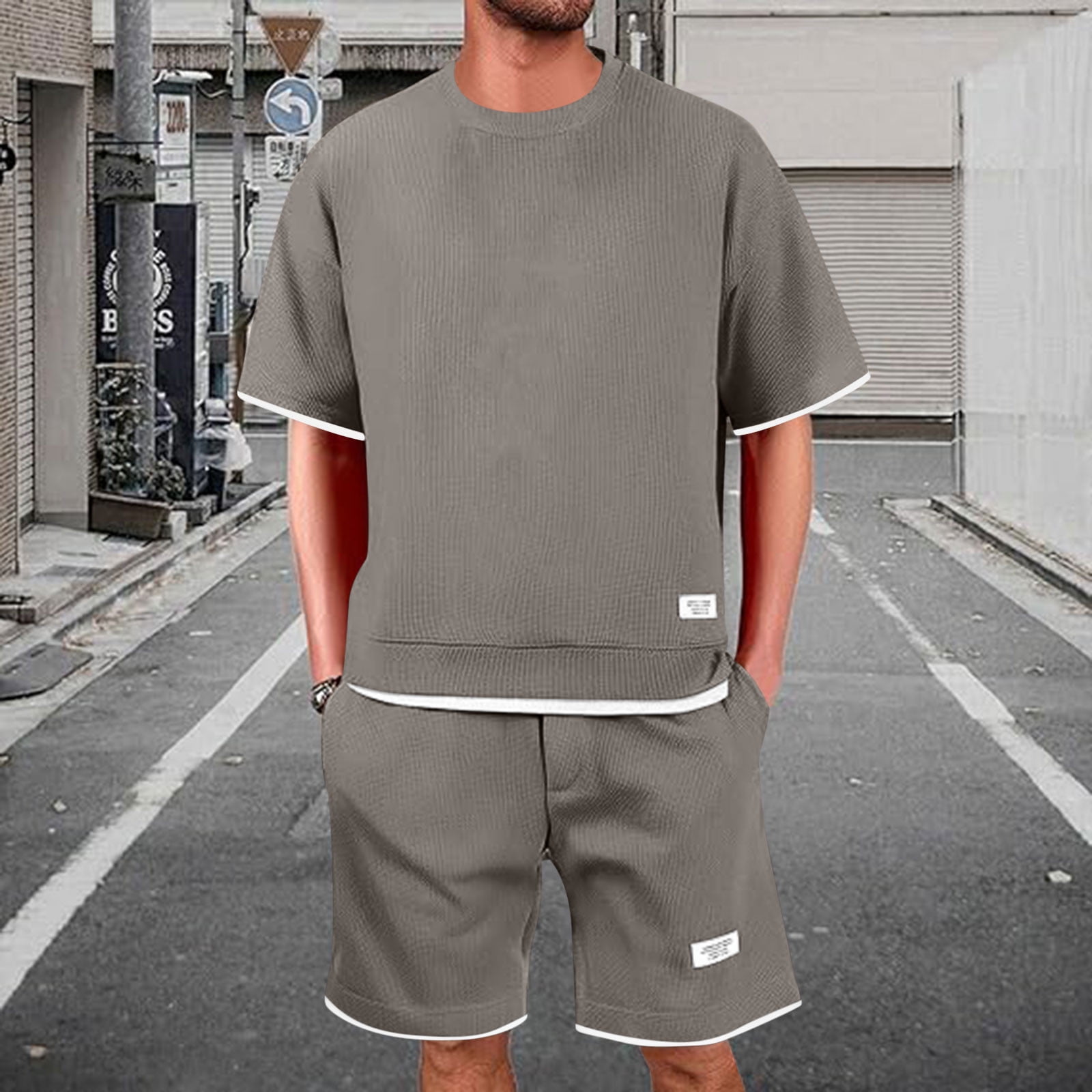 Dxzfnsa Mens Short Sets Men's Fashion 2 Piece Solid Color Outfits Short ...