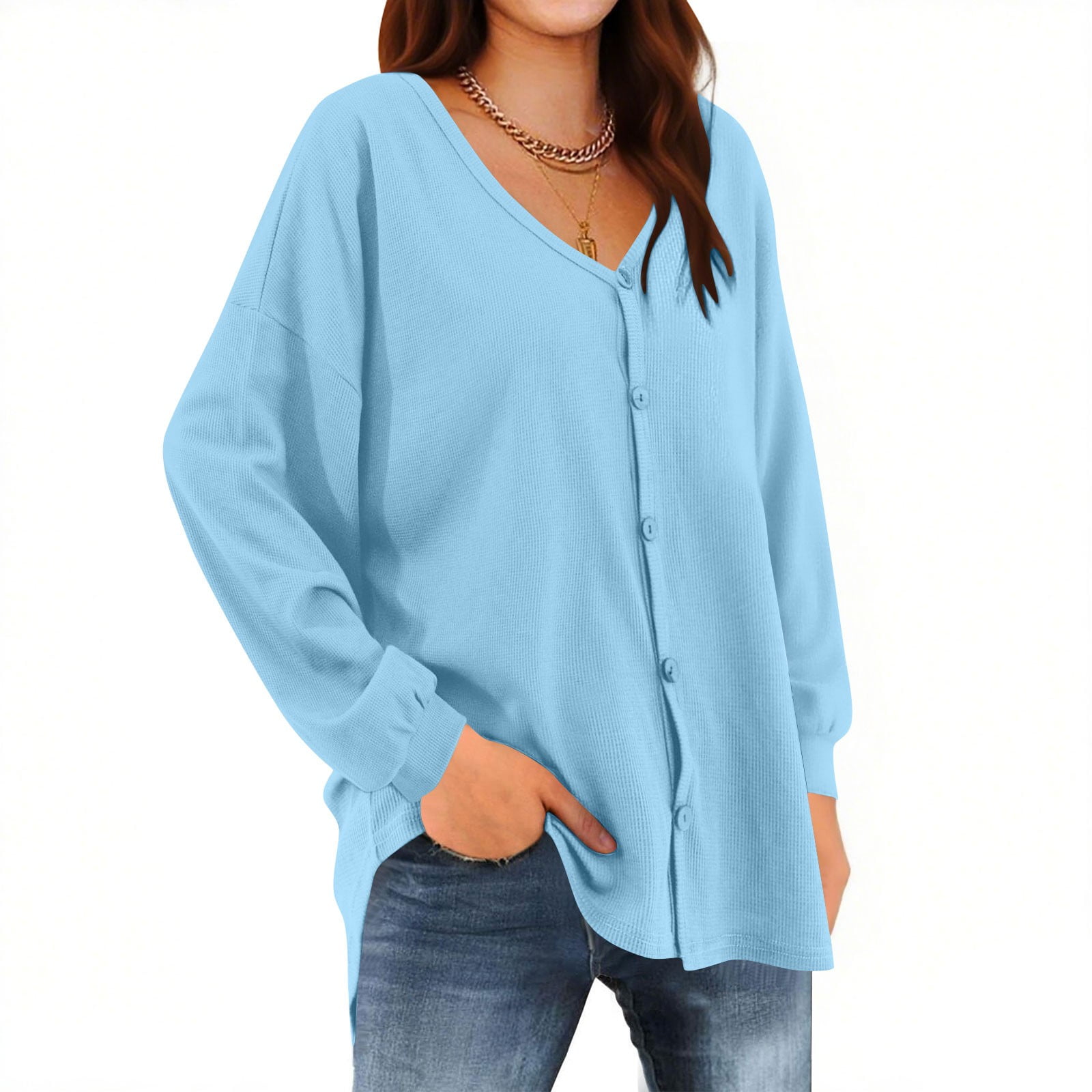Dxzfnsa Women's Button Up Cardigan Blouses Comfy Long Sleeve Drop ...