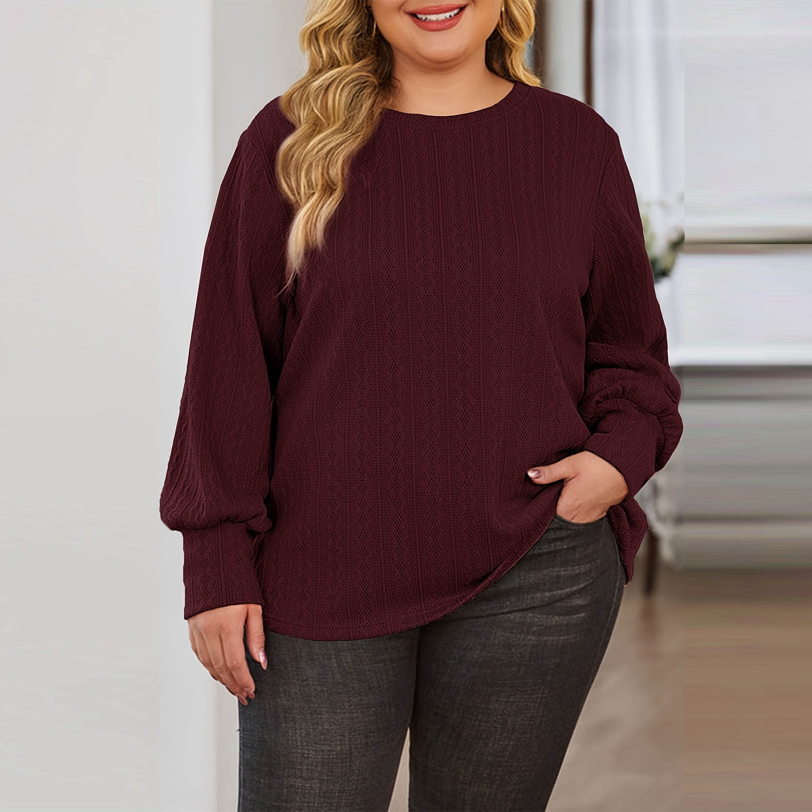 Dxzfnsa Women's Solid Color Blouses Long Sleeved Round Neck Pullover ...