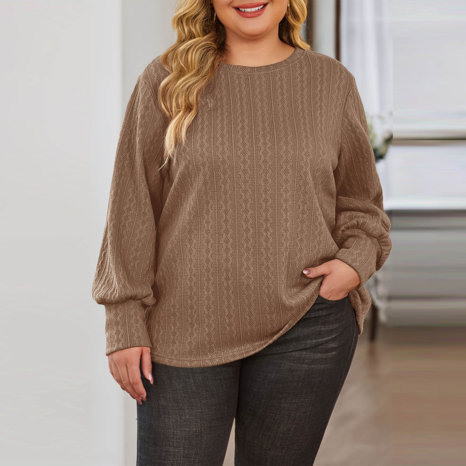 Dxzfnsa Women's Solid Color Blouses Long Sleeved Round Neck Pullover ...