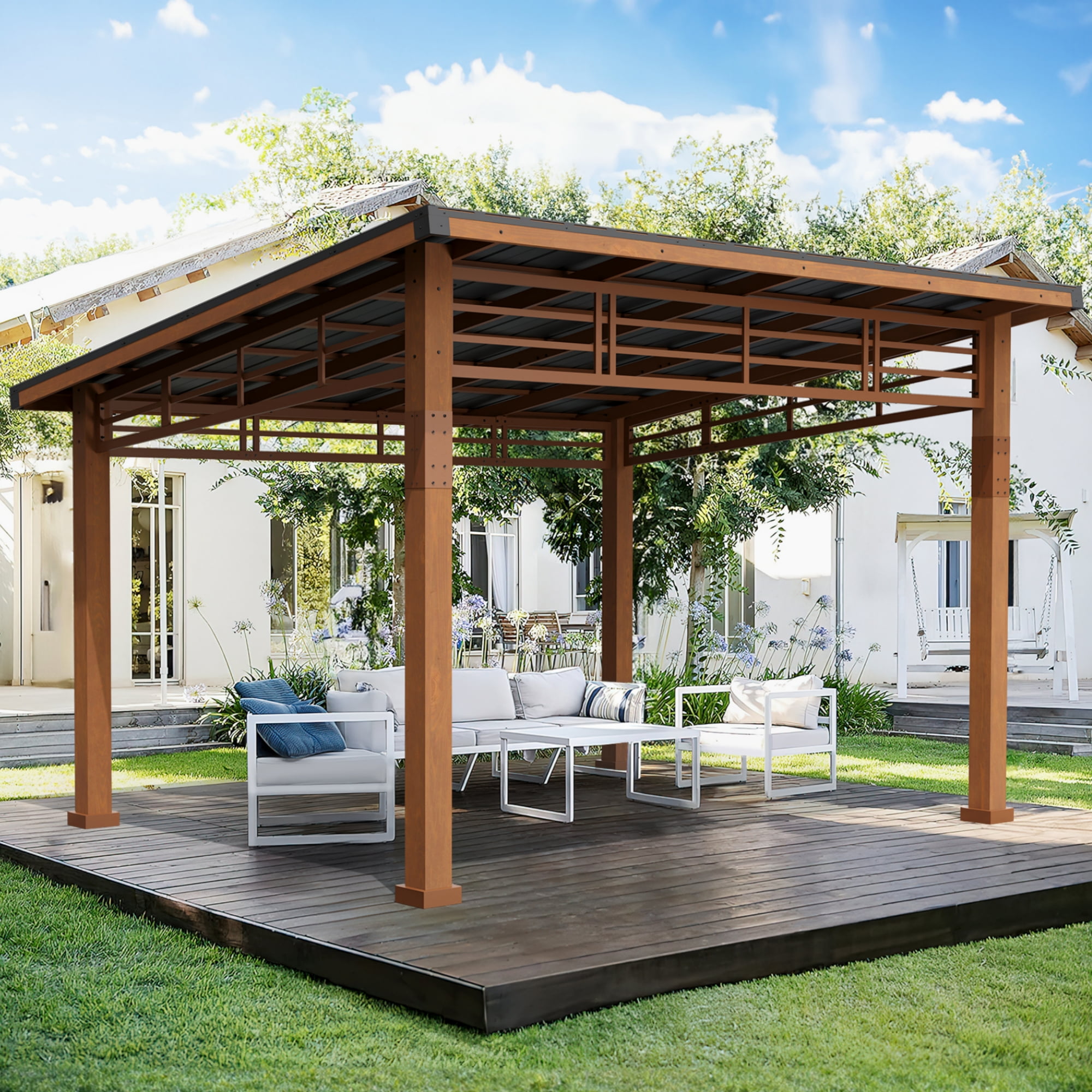 Dycanpo 12'x14' Hardtop Lean to Gazebo, Outdoor Pergola Metal Roof with ...
