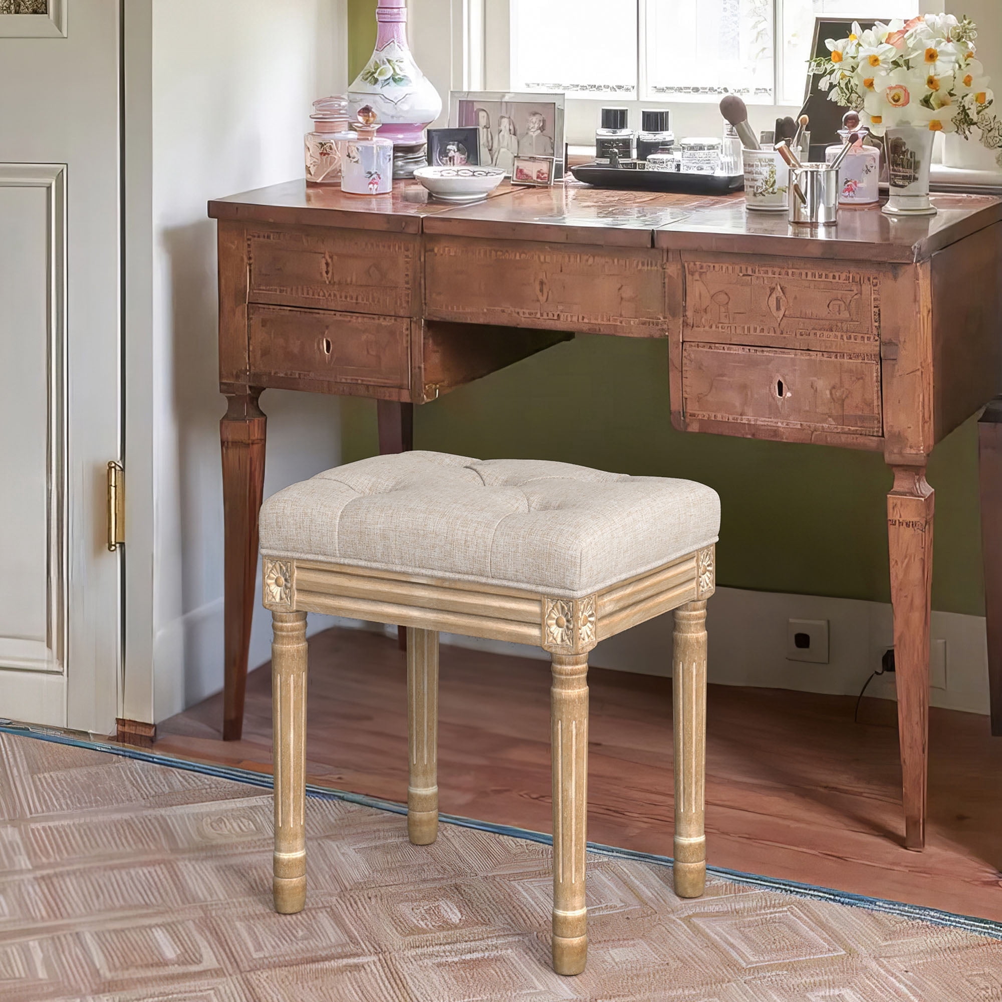Dycanpo 16'' Upholstered Makeup Vanity Chair,Vintage Foot Stool,Linen ...