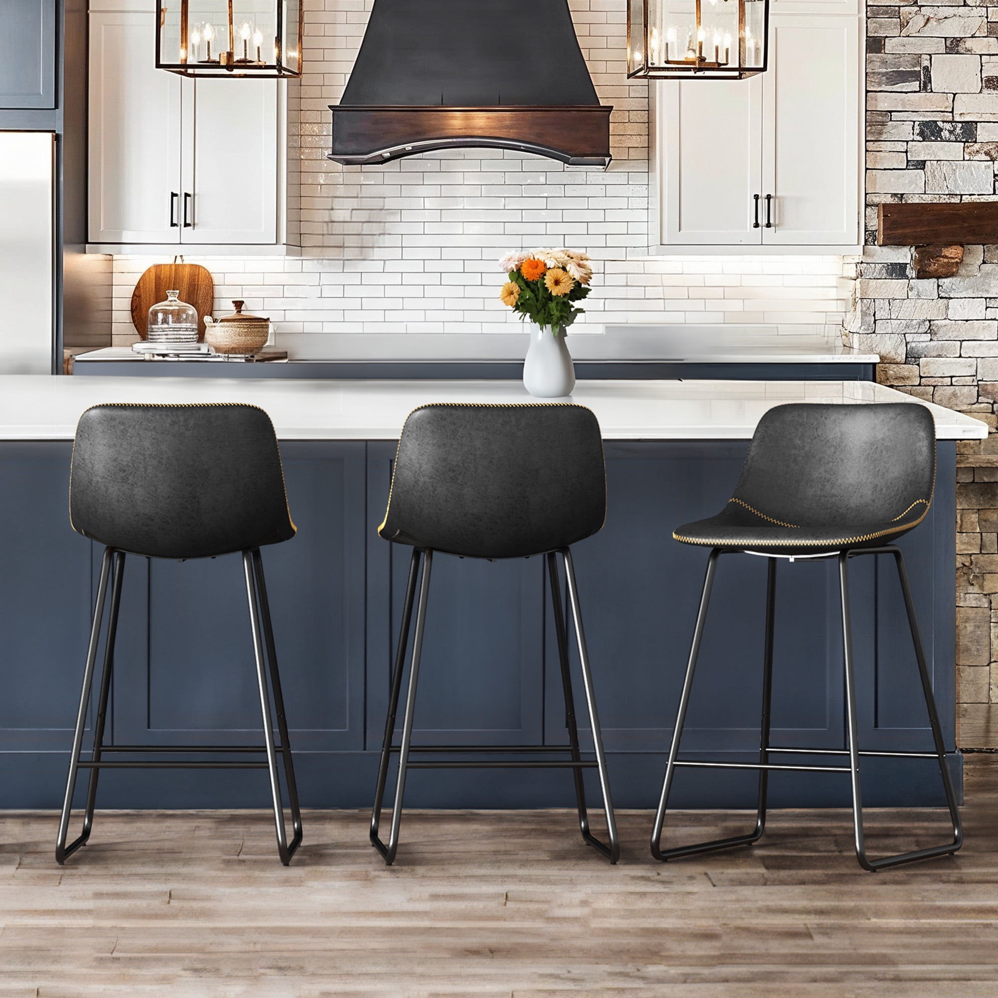Dycanpo 24" Bar Stools Set of 3 with Back, Faux Leather, Metal Legs for ...