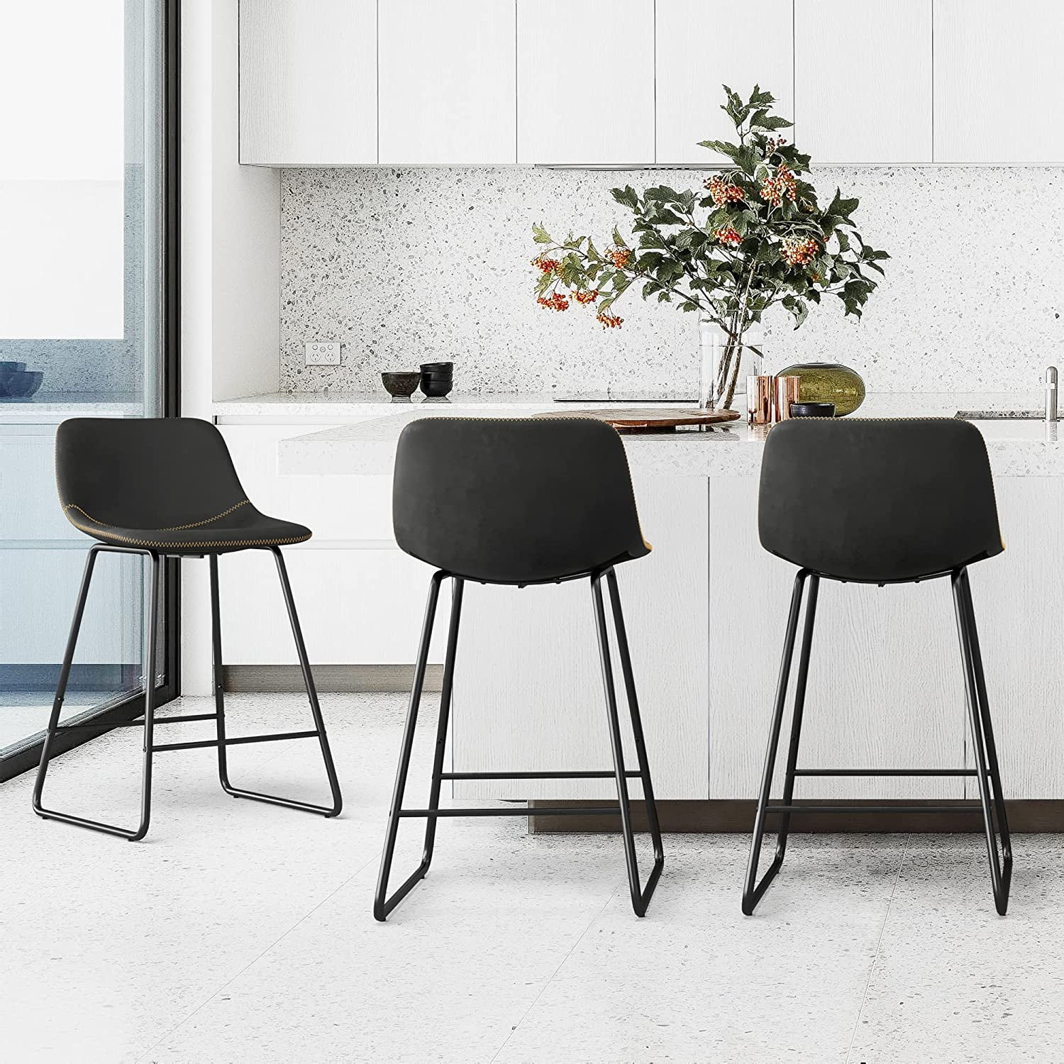 Dycanpo 24'' Counter Stools Set of 3 with Back Faux Leather for Home ...