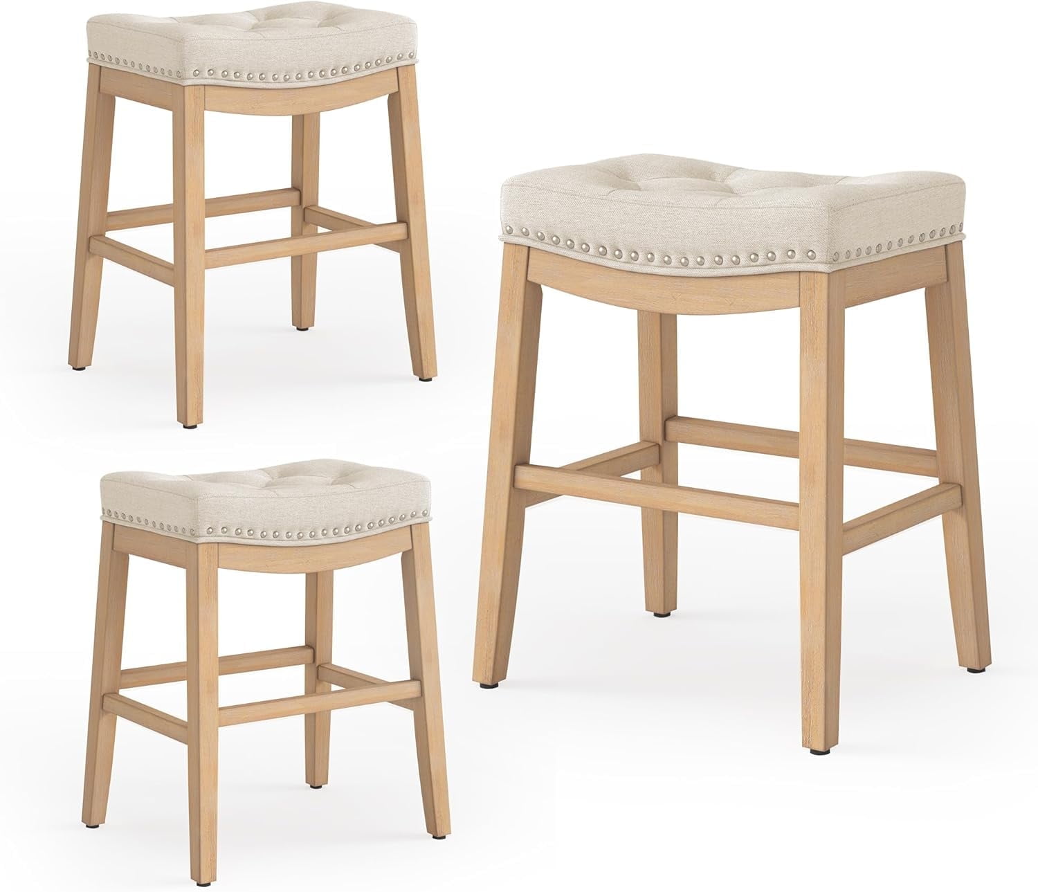 Dycanpo 24-Inch Backless Bar Stools Set of 3, Wooden Legs and Saddle ...