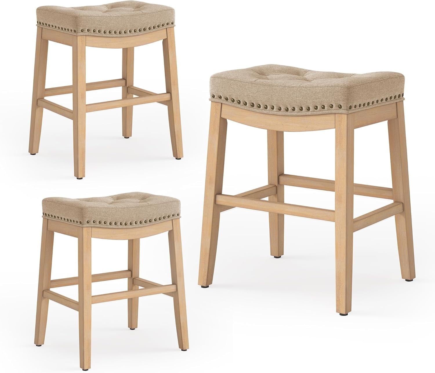 Dycanpo 24-Inch Backless Bar Stools Set of 3, Wooden Legs and Saddle ...