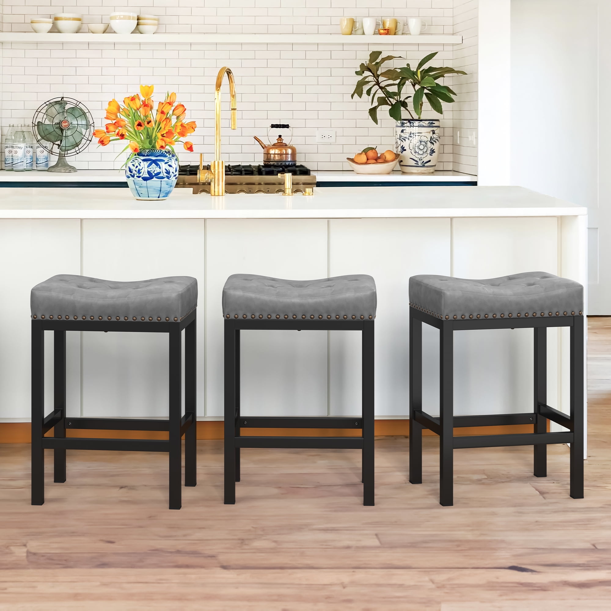 Dycanpo 24” Saddle Bar Stools Set of 3 with Modern Metal Legs, for Home ...