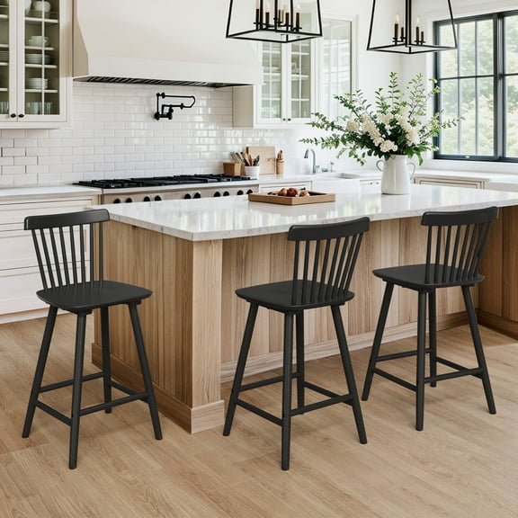 Windsor Wooden Black Bar Stools Set of 4 for Kitchen Island, Farmhouse ...