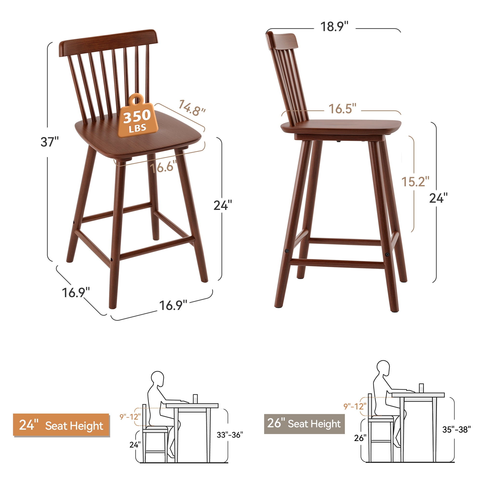 Dycanpo 24'' Wooden Windsor Counter Height Chairs Set of 4, Farmhouse ...