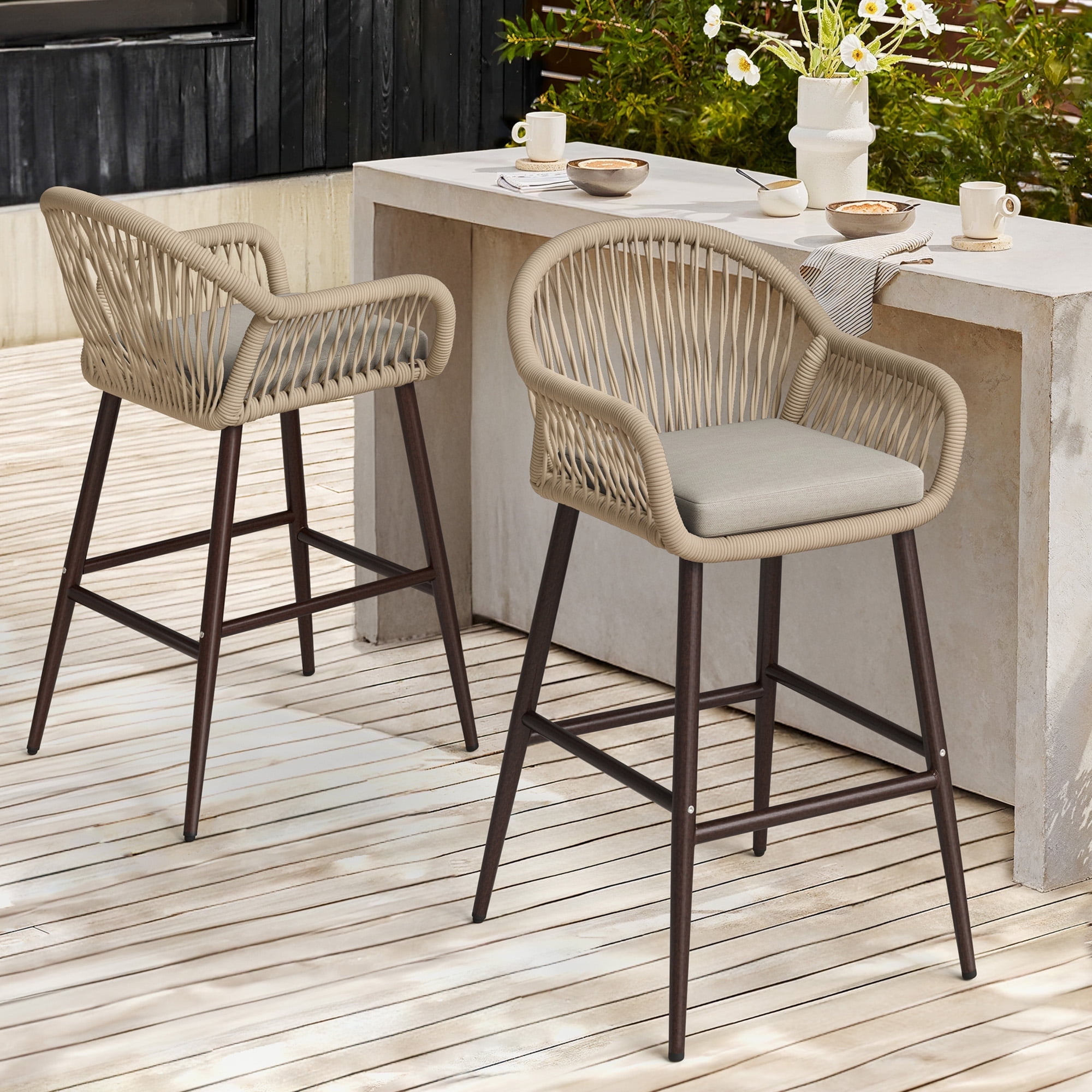 Dycanpo 26.8" Outdoor Bar Stools Set of 2, Boho Rattan Counter Height ...