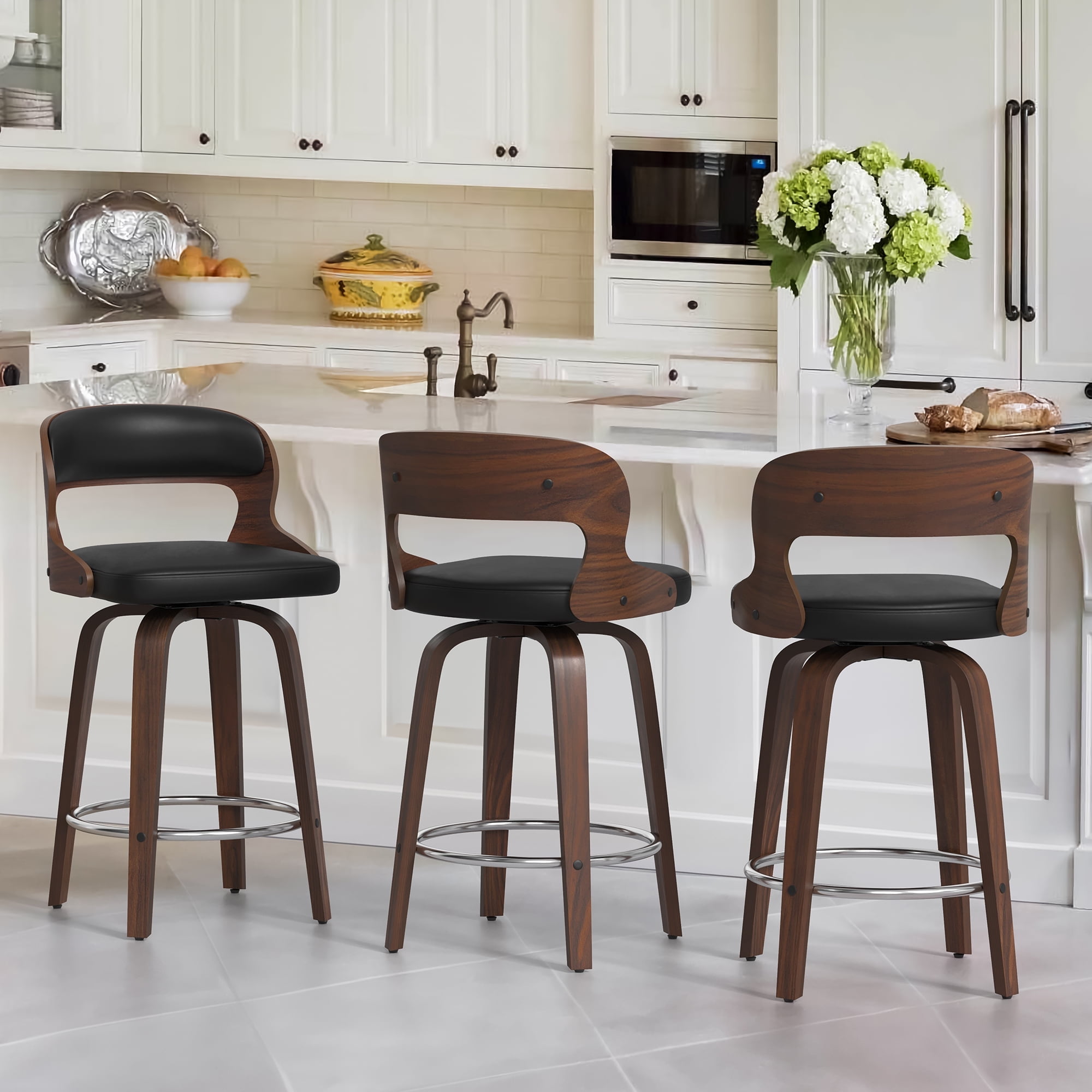 26" Counter Height Bar Stools Set of 3, Faux Leather Counter Stools ...